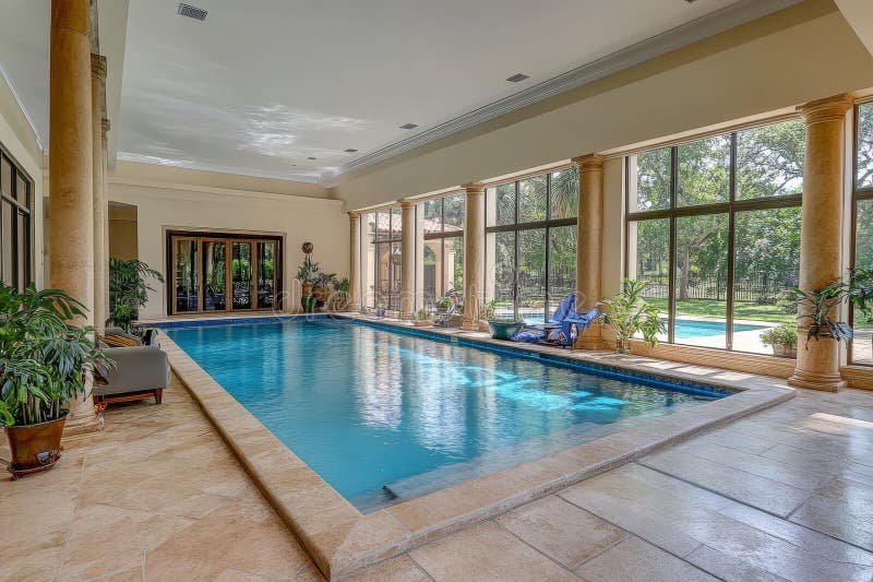 Indoor Pool Area with Plants. Stock Image - Image of floor, villa ...