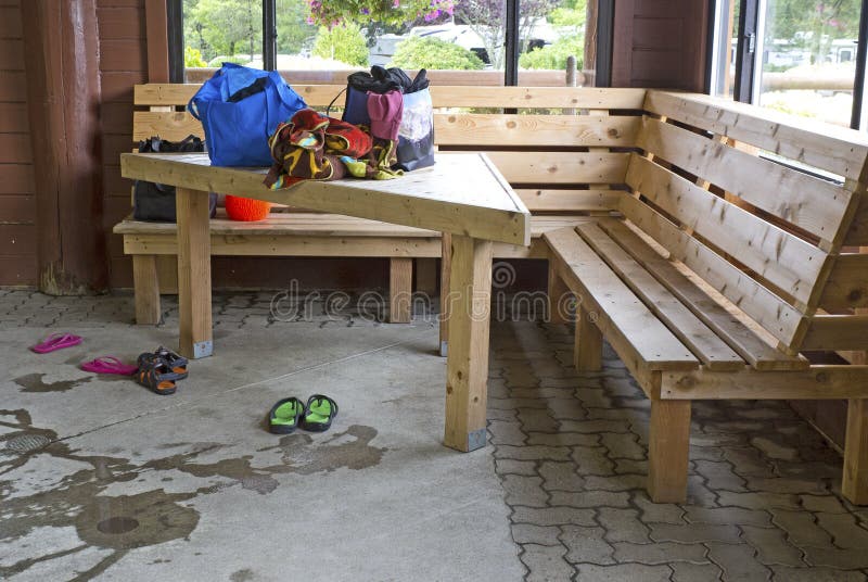 Indoor Pool Bench with Swimming Accessories Stock Photo - Image of ...