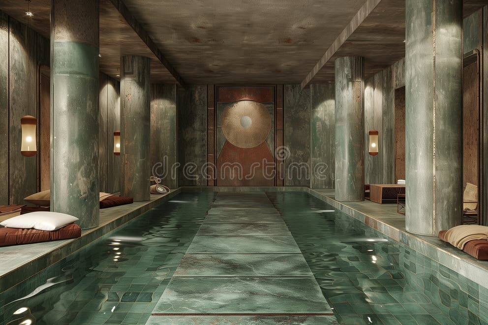 Indoor Pool with Green Tiles and Pillars Stock Image - Image of modern ...