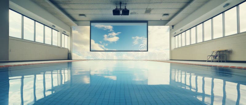 Indoor Pool with High Ceiling and Projector Displaying Blue Sky with ...