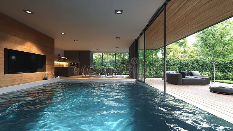 Indoor Pool, Modern Home, Garden View, Relaxing Evening Stock ...