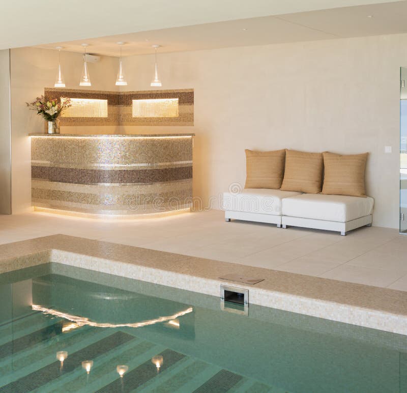 Indoor Pool of Private Villa with Lake View and Bar Area Stock Photo ...