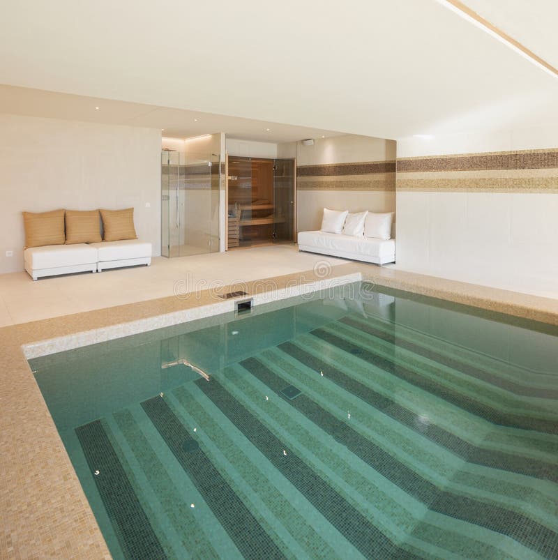Indoor Pool of Private Villa with Lake View and Bar Area Stock Photo ...