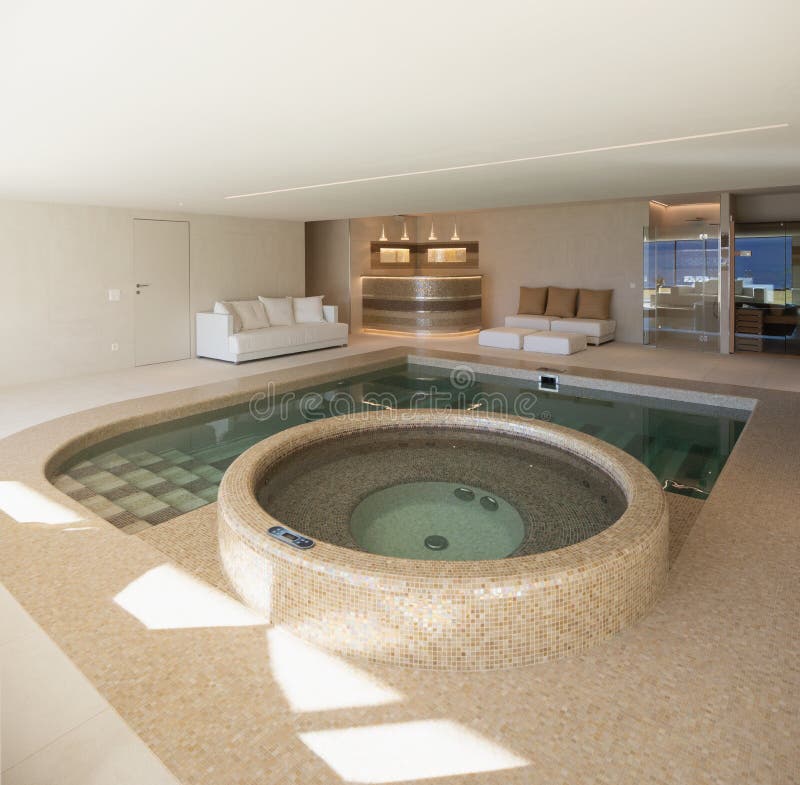 Indoor Pool of Private Villa with Lake View and Bar Area Stock Image ...