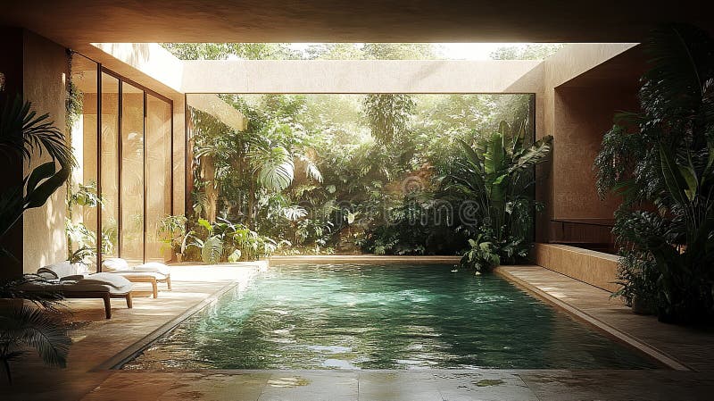 Indoor Pool View, Lush Plants, Sunlit, Relaxation Area, Design Use ...