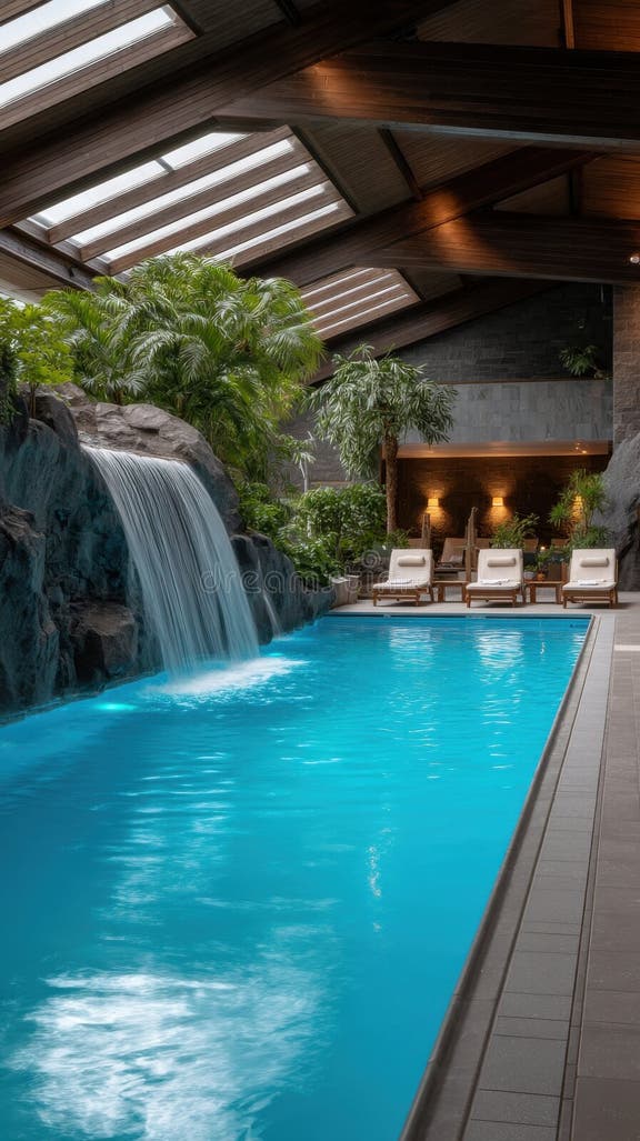 Indoor Pool with Waterfall Feature, Surrounded by Tropical Plants in a ...