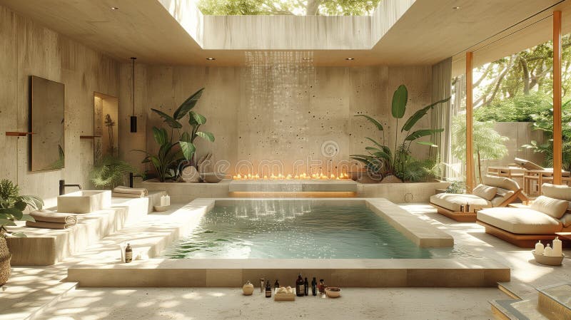 Indoor Pool and Waterfall at a Sustainable Spa Stock Illustration ...