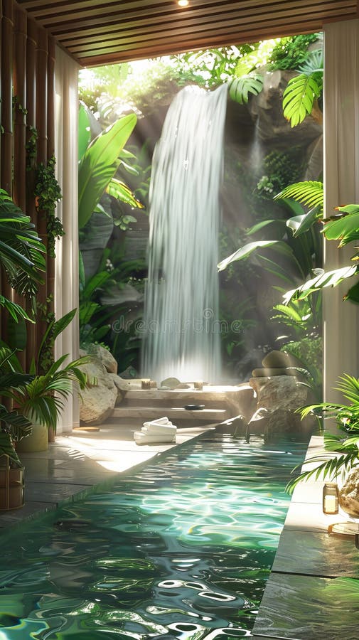 Indoor Pool with Waterfall in Tropical Setting, Serene Relaxation ...