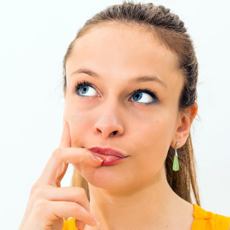 Indoor Portrait of a Thinking Woman Stock Image - Image of gesturing ...
