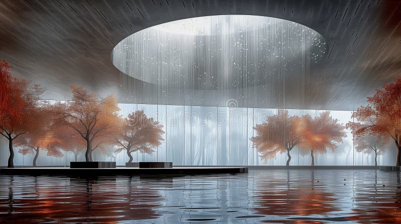 Indoor Rainfall Installation with Autumn Trees Stock Illustration ...