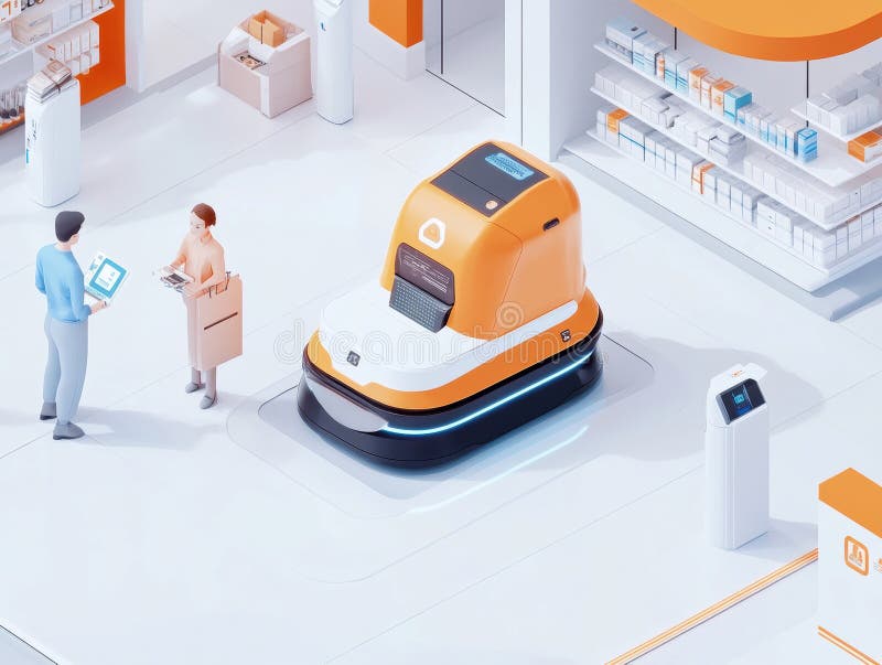 Indoor Retail Setting with Technology Integration, Featuring a Yellow ...