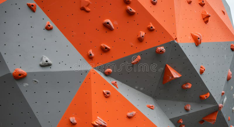 Indoor Rock Climbing Wall with Orange Holds and Grey Panels Pattern ...