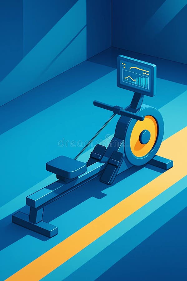 Indoor Rowing Machine in Modern Blue Gym with Digital Display and Clean ...
