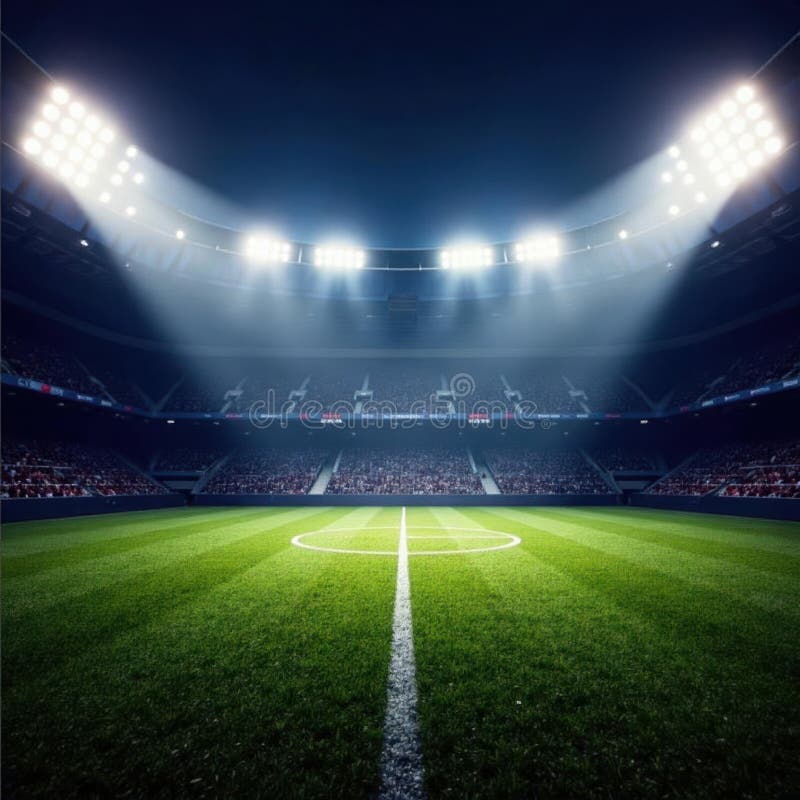 Indoor Rugby Stadium, Powerful Spotlights on Pitch, Bright, Shadow ...