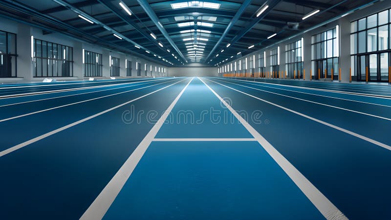 A State-of-the-art Indoor Running Track with Vibrant Blue Lanes and ...