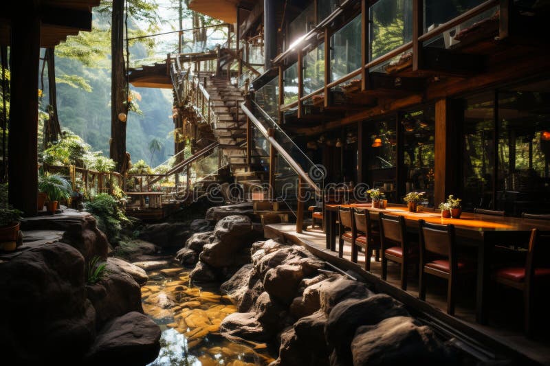 An Indoor Rustic Dining Space with a Natural Stream Running through ...