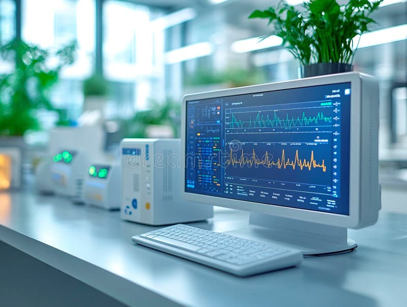 Indoor Scene with a Desk Containing Tech Equipment, Monitor Displaying ...