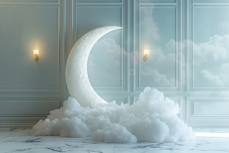 An Indoor Scene Featuring a Decorative Half Moon and Fluffy Clouds, Set ...