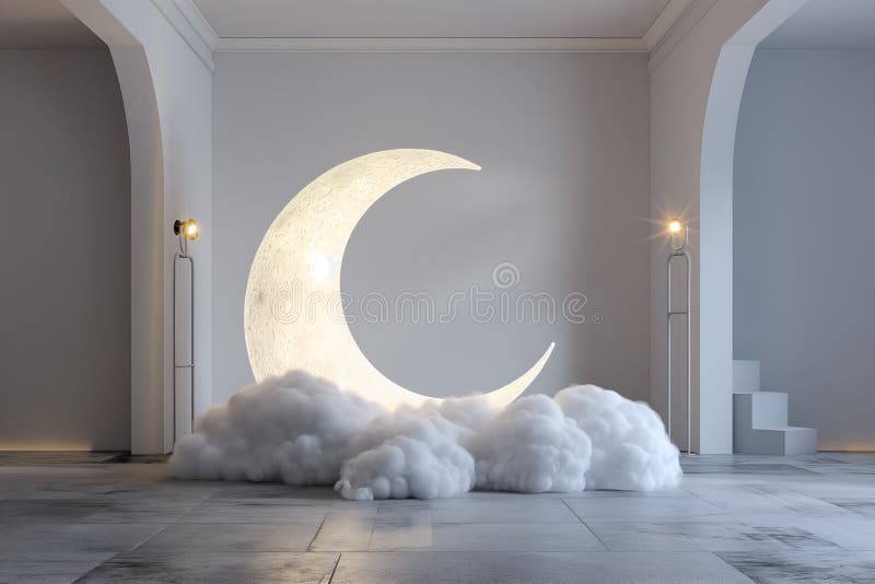 An Indoor Scene Featuring a Decorative Half Moon and Fluffy Clouds, Set ...