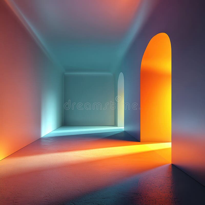 Indoor Scene with Two Curved Arches Casting Vibrant Blue and Orange ...