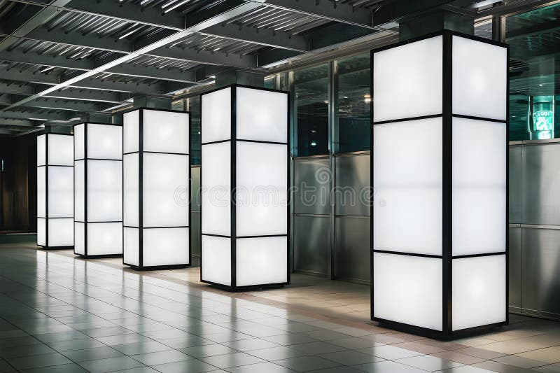 Indoor Setting with Tall Illuminated Panels, Polished Tile Floor, and ...