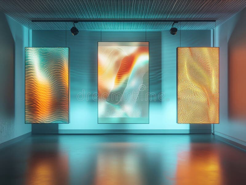 Indoor Setting with Three Abstract Artworks, Distinguished by Textured ...