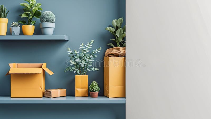 Indoor Shelf with Plants and Cardboard Boxes Stock Illustration ...