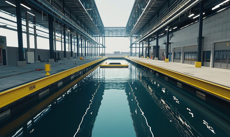 Indoor Shipyard Dock with Water Channel, Industrial Architecture Stock ...
