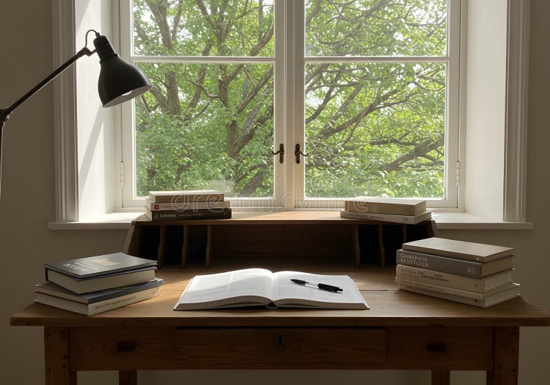 Peaceful Home Study Desk with Books Stock Illustration - Illustration ...