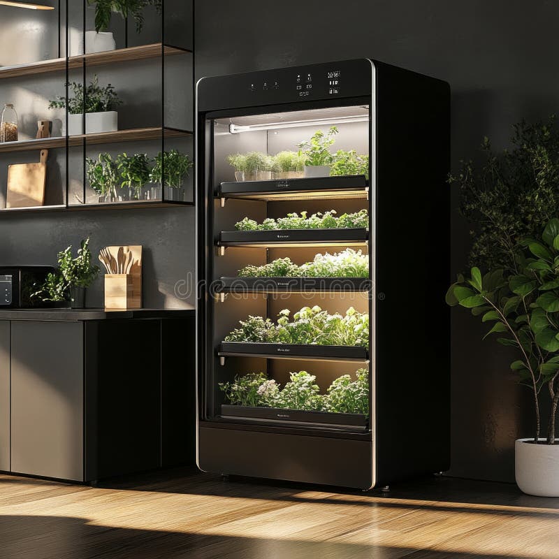 Indoor Smart Garden with Led Lighting and Herbs in Modern Kitchen Stock ...