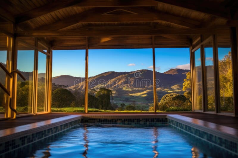 Indoor Spa Pool in a Cabin with View of Hills Stock Photo - Image of ...