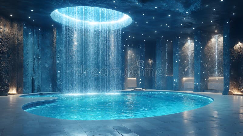 Indoor Spa with a Waterfall Cascading into a Pool and Starry Lights on ...