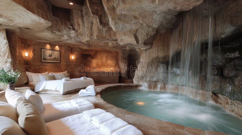 Indoor Spa with Waterfall and Hot Tub Stock Illustration - Illustration ...