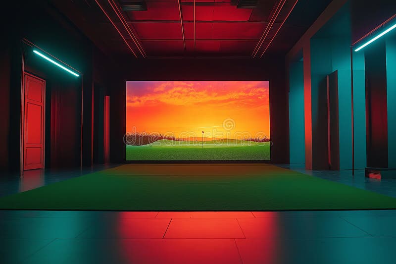 Indoor Golf Simulation Setup with Sunset Landscape Projection Stock ...