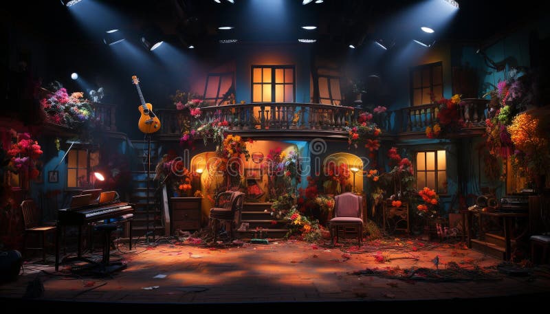 Indoor Stage, Musician Performs on Illuminated Guitar, Surrounded by ...