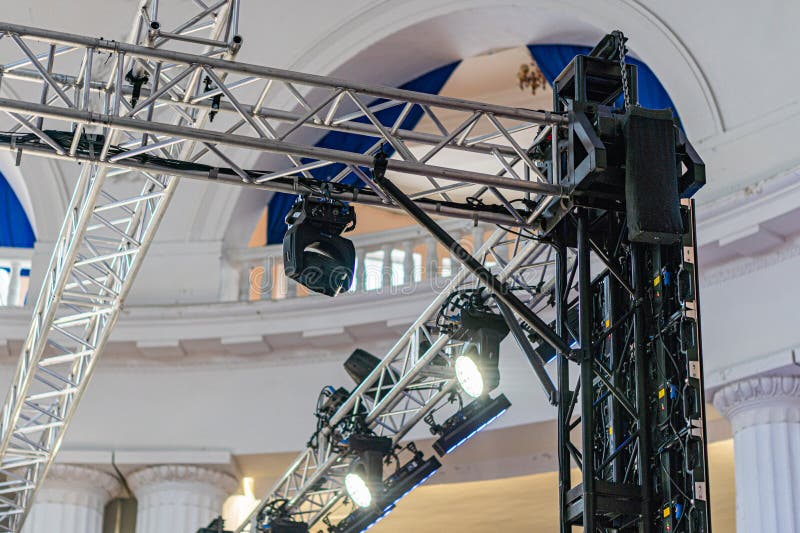 Indoor Stage Setup with Speakers, Lights, and Decorative Ceiling ...