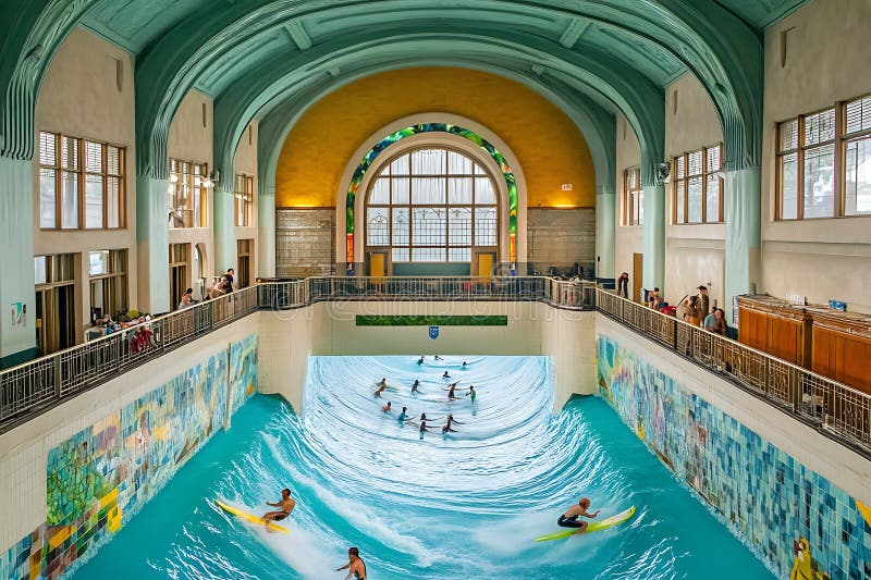 Indoor Surfing Wave Pool in a Historic Building Stock Illustration ...