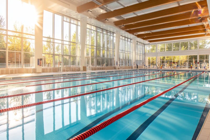 Indoor Swimming Pool with Bright Sunlight and Clear Water in a Modern ...