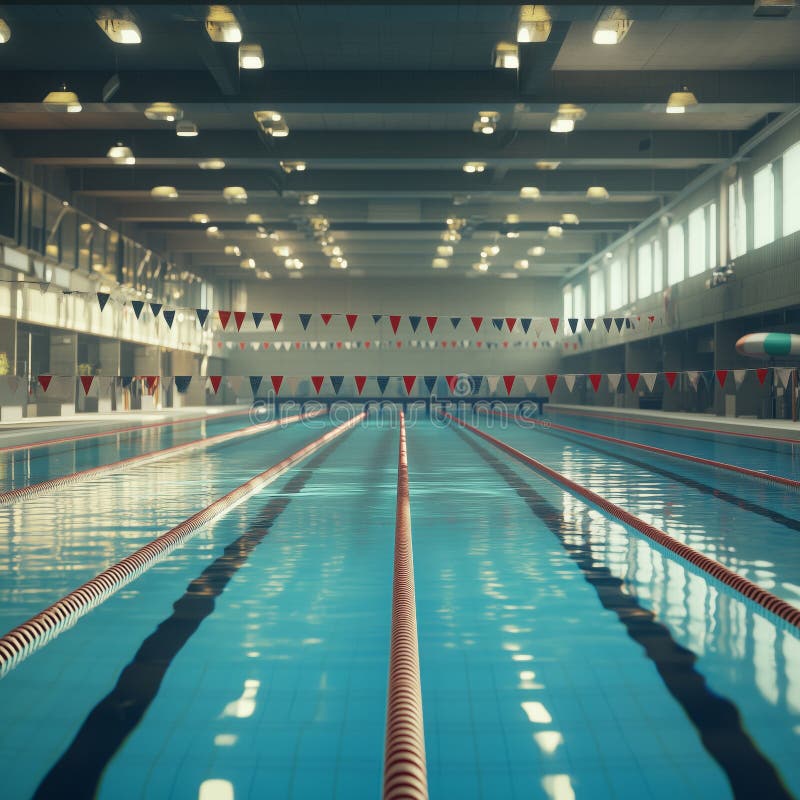 Indoor Swimming Pool with Lane Markers and Flags in Well-lit Facility ...
