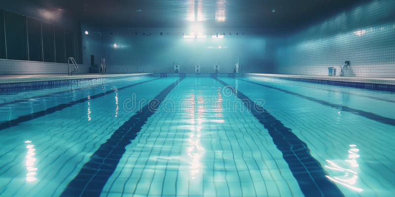 Indoor Swimming Pool with Lanes and Illuminated Ceiling Reflecting on ...