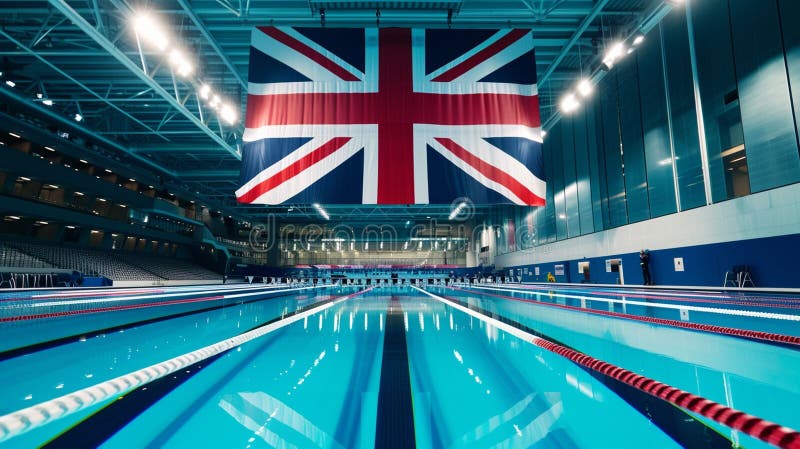 Indoor Swimming Pool with a Large Union Jack Flag in the Background ...