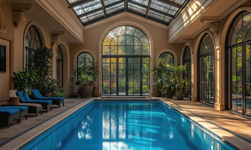 Indoor Swimming Pool with Large Windows and Natural Light in Luxurious ...