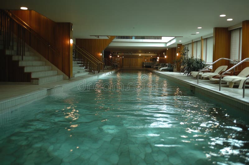 Serene Indoor Swimming Pool with Relaxing Lounge Chairs and Wooden ...