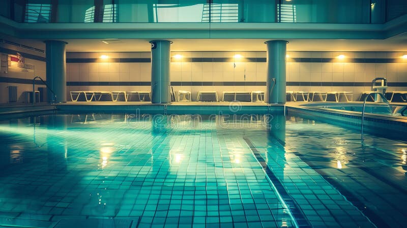 Indoor Swimming Pool with Lounge Chairs and Ambient Lighting in Modern ...