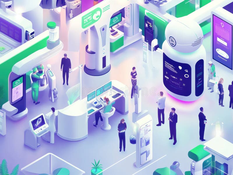 Indoor Technology Expo with a Bustling Crowd, Central Spherical Robot ...