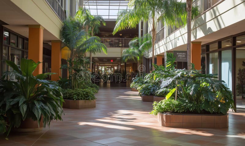 Indoor Tropical Garden Corridor with Lush Greenery and Natural Light ...