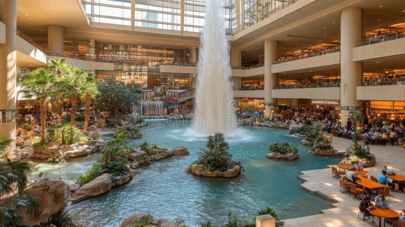 Grand Indoor Oasis with Fountain Stock Image - Image of calm, center ...