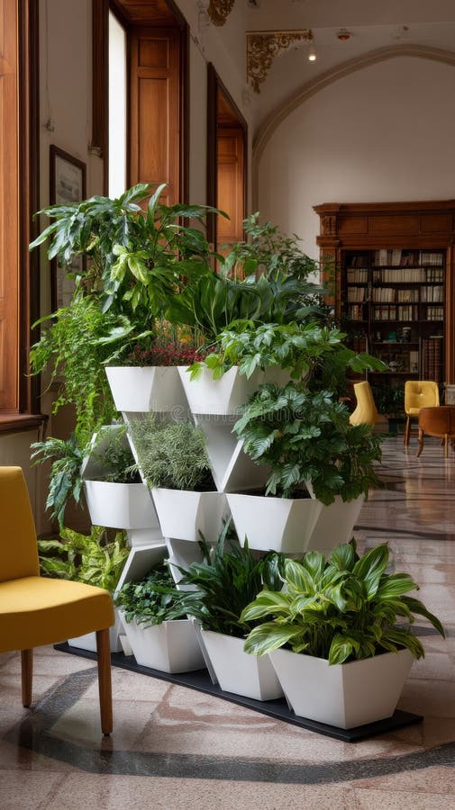 Indoor Vertical Garden with Green Plants in White Geometric Planters ...