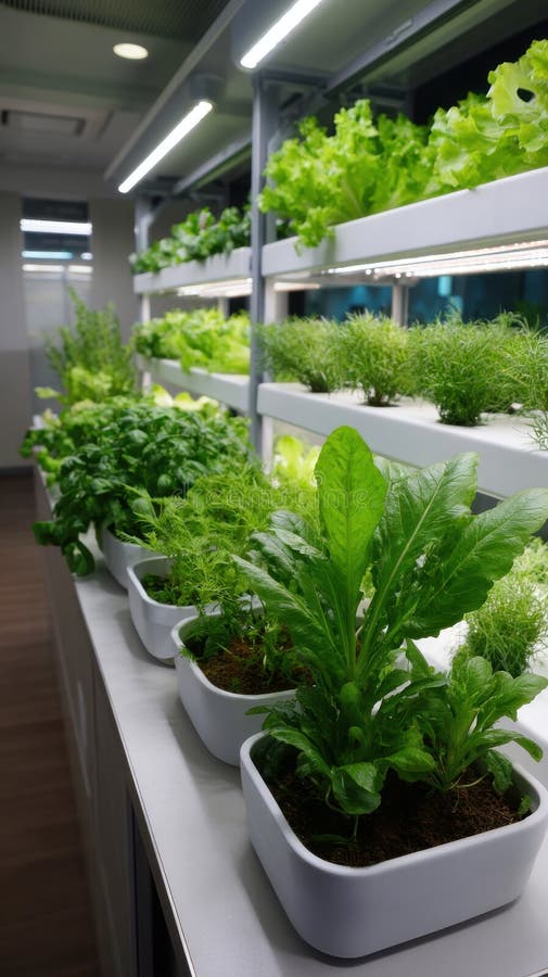 Indoor Vertical Garden with Lettuce and Herbs Grown Under LED Lighting ...