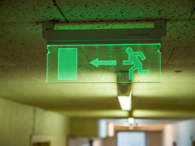 Indoor View Green Emergency Fire Exit Sign on Ceiling Stock Photo ...